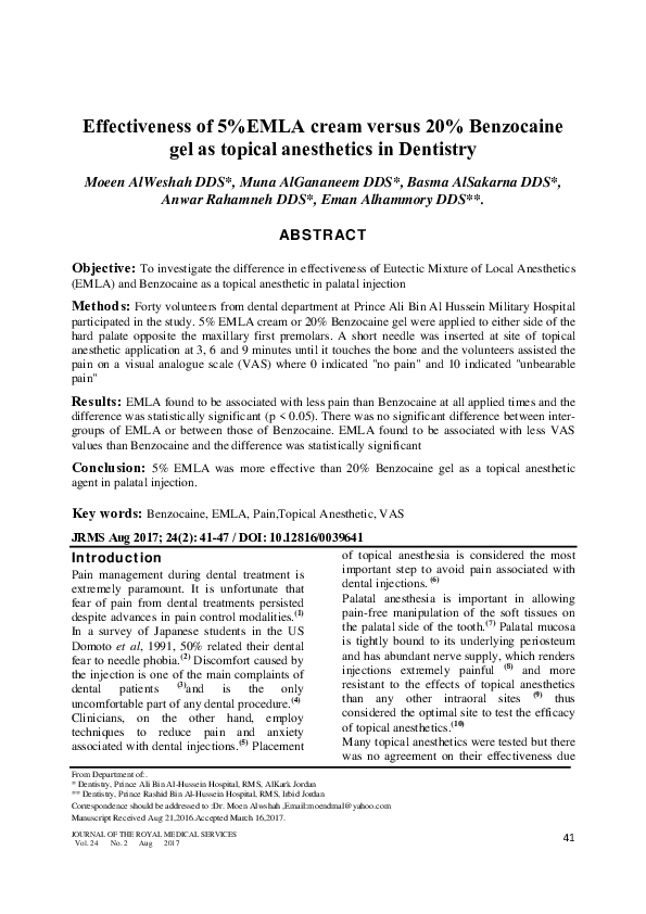 (PDF) Effectiveness of 5% EMLA Cream versus 20% Benzocaine Gel as ...