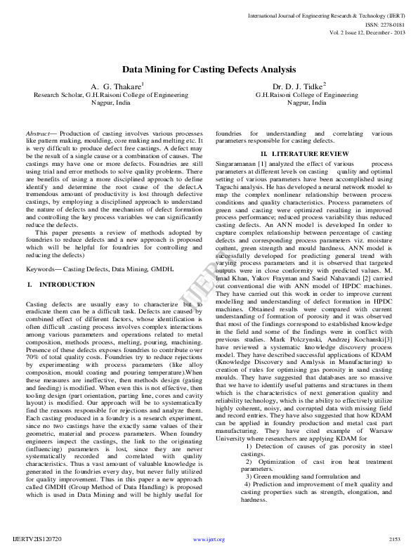 (PDF) Data Mining for Casting Defects Analysis