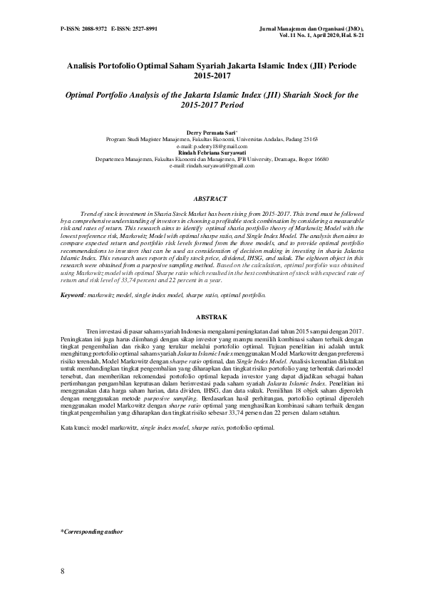 (PDF) Analisis Portofolio Optimal Saham Syariah Jakarta Islamic Index (JII) Periode 2015-2017
