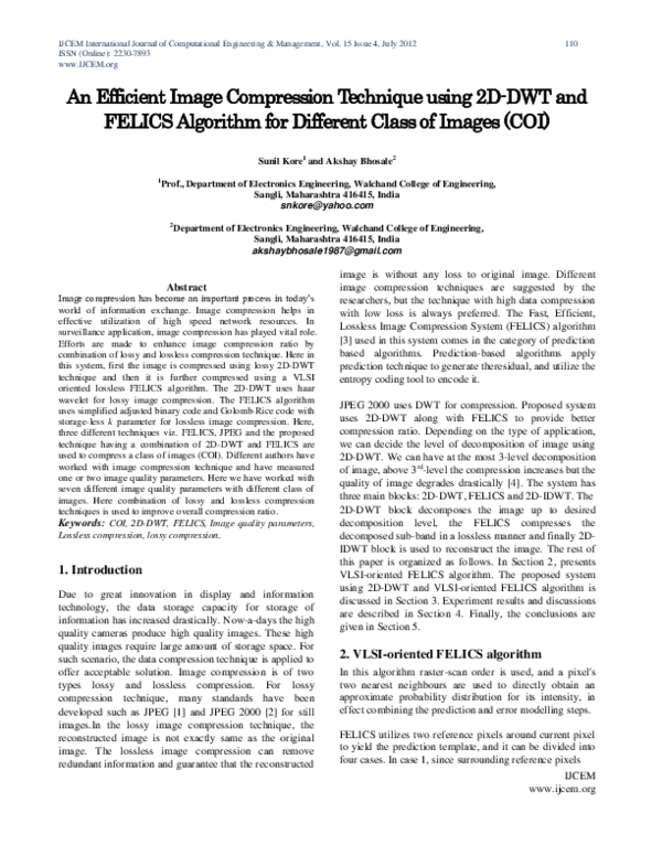 (PDF) An Efficient Image Compression Technique using 2D-DWT and FELICS Algorithm for Different ...