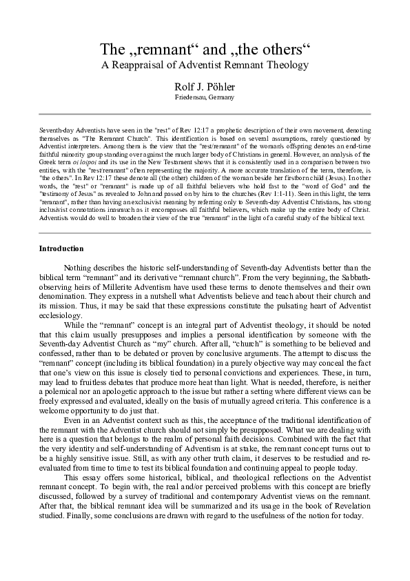 (PDF) The „ remnant “ and „ the others “ A Reappraisal of Adventist ...