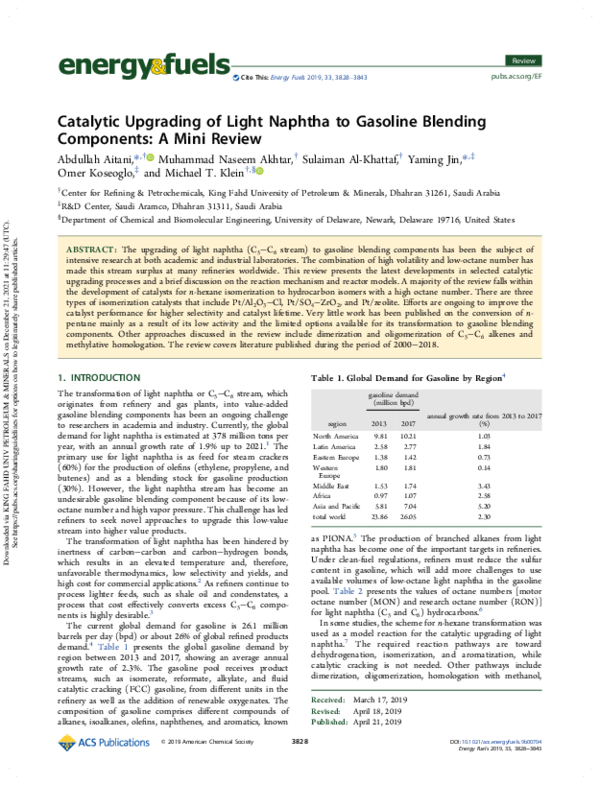 (PDF) Catalytic Upgrading of Light Naphtha to Gasoline Blending ...