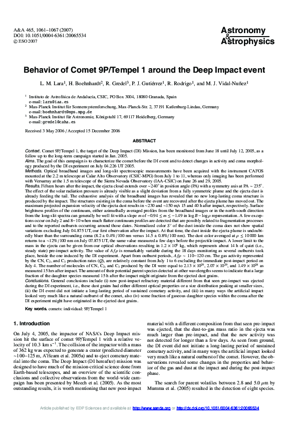 (PDF) Behavior of Comet 9P/Tempel 1 around the Deep Impact event ...