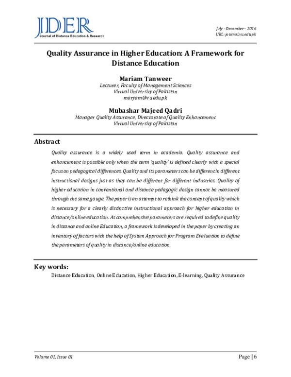 (PDF) Quality Assurance in Higher Education: A Framework for Distance ...