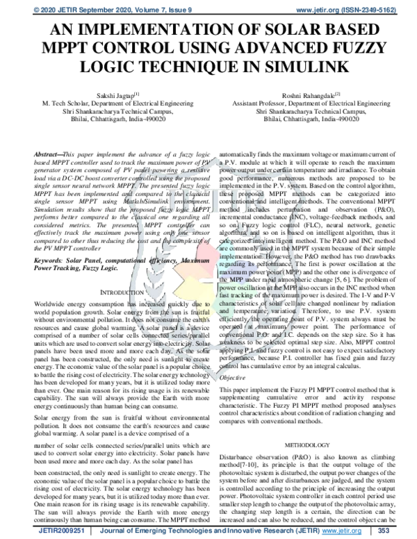 Pdf An Implementation Of Solar Based Mppt Control Using Advanced Fuzzy Logic Technique In Simulink
