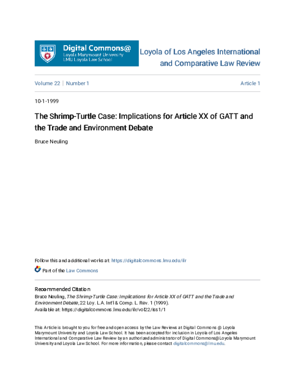 (PDF) The Shrimp-Turtle Case: Implications for Article XX of GATT and ...
