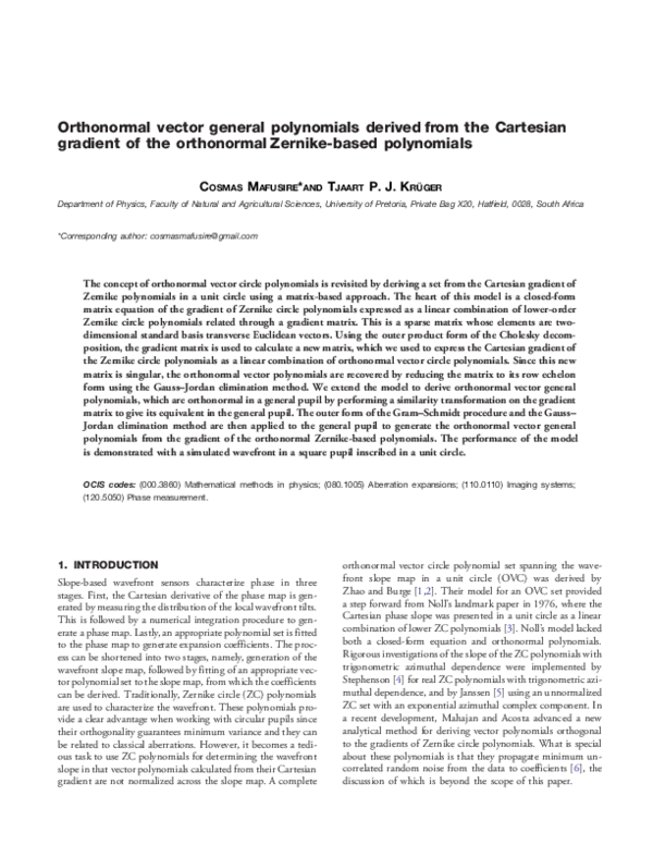 (PDF) Orthonormal vector general polynomials derived from the Cartesian ...