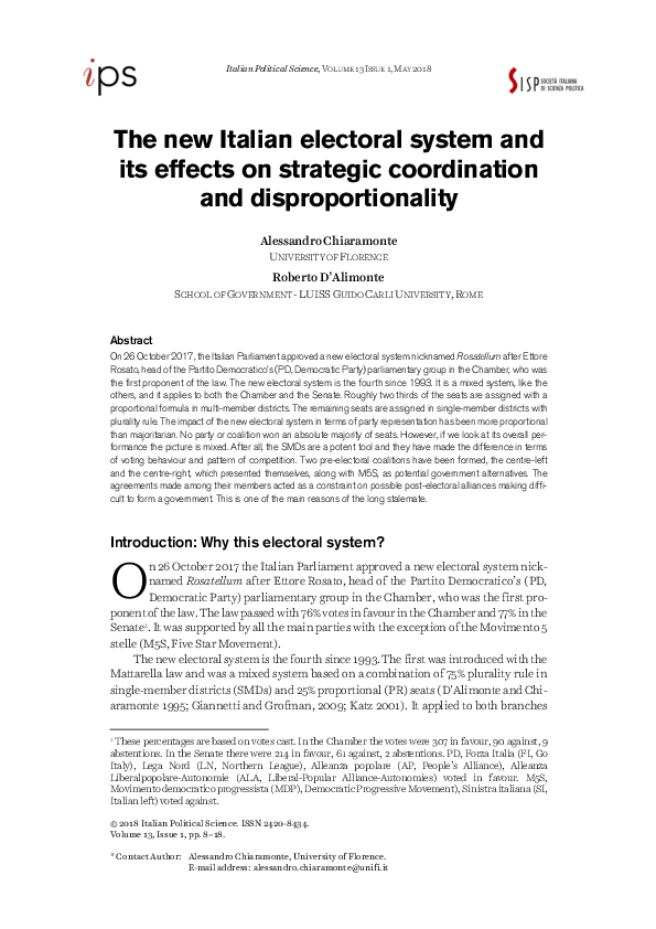 (PDF) The new Italian electoral system and its effects on strategic ...