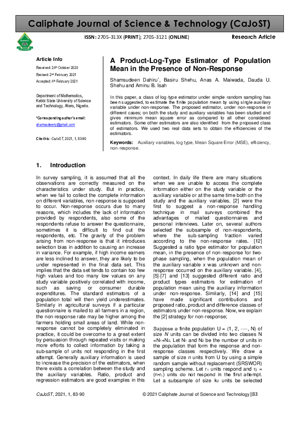 (PDF) A Product-Log-Type Estimator of Population Mean in the Presence ...