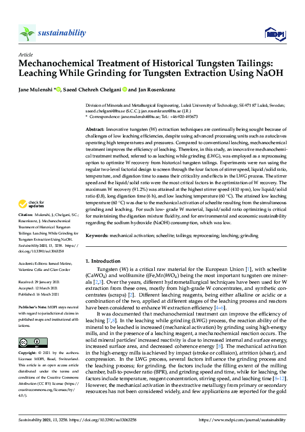 (PDF) Mechanochemical Treatment of Historical Tungsten Tailings ...