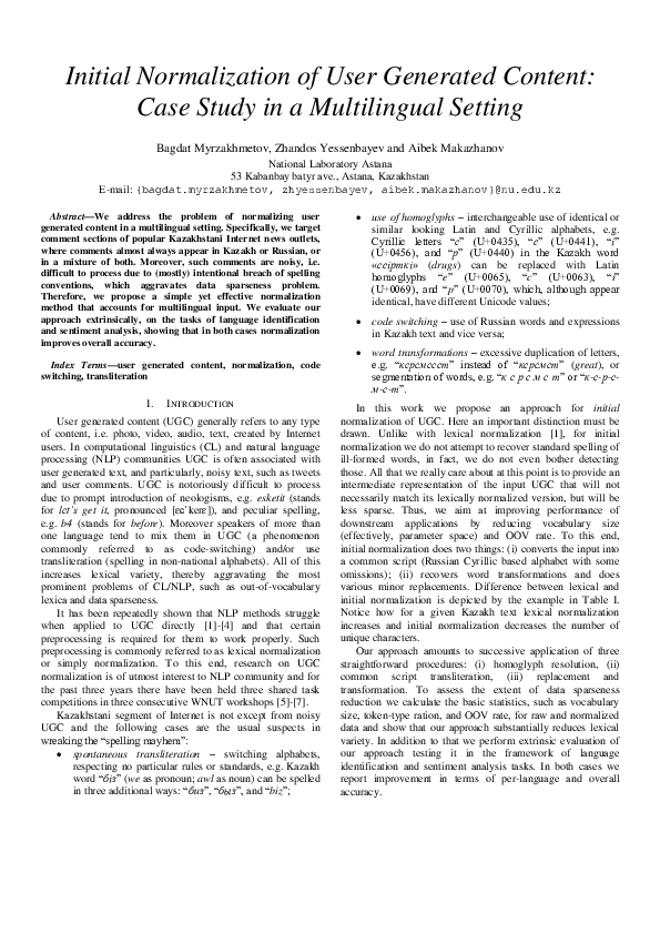 (PDF) Normalizing Multilingual User Content Effectively