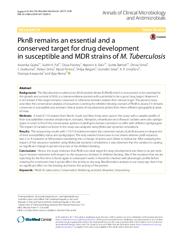 (PDF) PknB remains an essential and a conserved target for drug ...