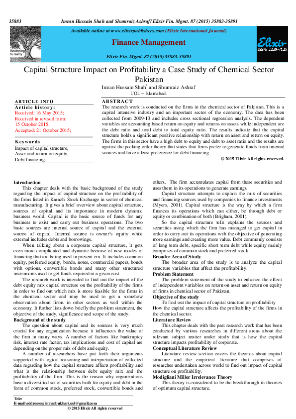 (PDF) Capital Structure Impact on Profitability a Case Study of Chemical Sector Pakistan