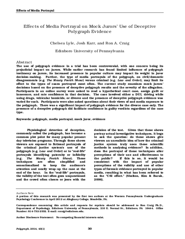 (PDF) Effects of Media Portrayal on Mock Jurors ’ Use of Deceptive Polygraph Evidence
