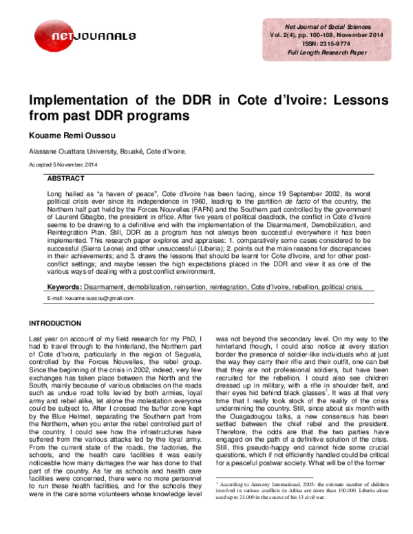 (PDF) Implementation of the DDR in Cote d'Ivoire: Lessons from past DDR ...