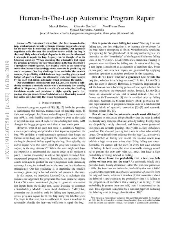 (PDF) Human-In-The-Loop Automatic Program Repair