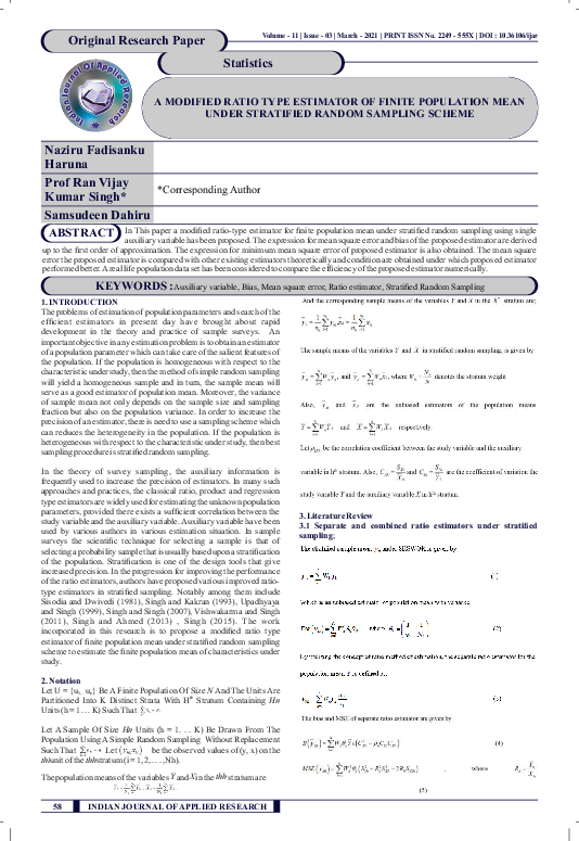 Pdf A Modified Ratio Type Estimator Of Finite Population Mean Under