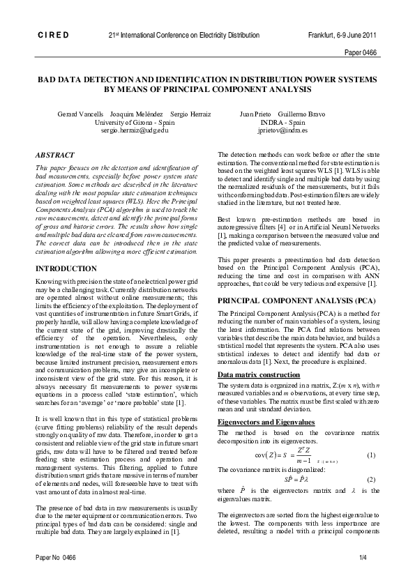 Pdf Bad Data Detection And Identification In Distribution Power Systems By Means Of Principal