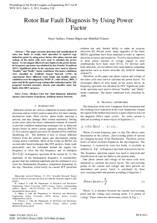 (PDF) Rotor Bar Fault Diagnosis by Using Power Factor
