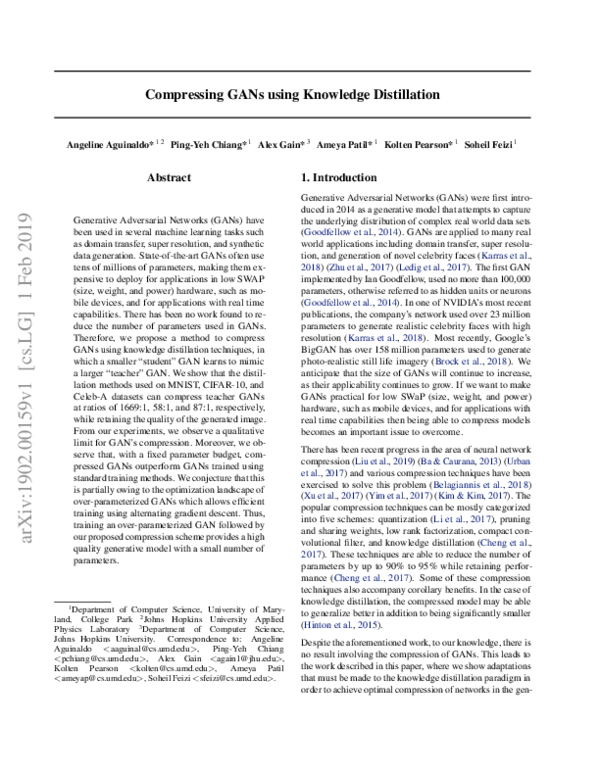 Pdf Compressing Gans Using Knowledge Distillation