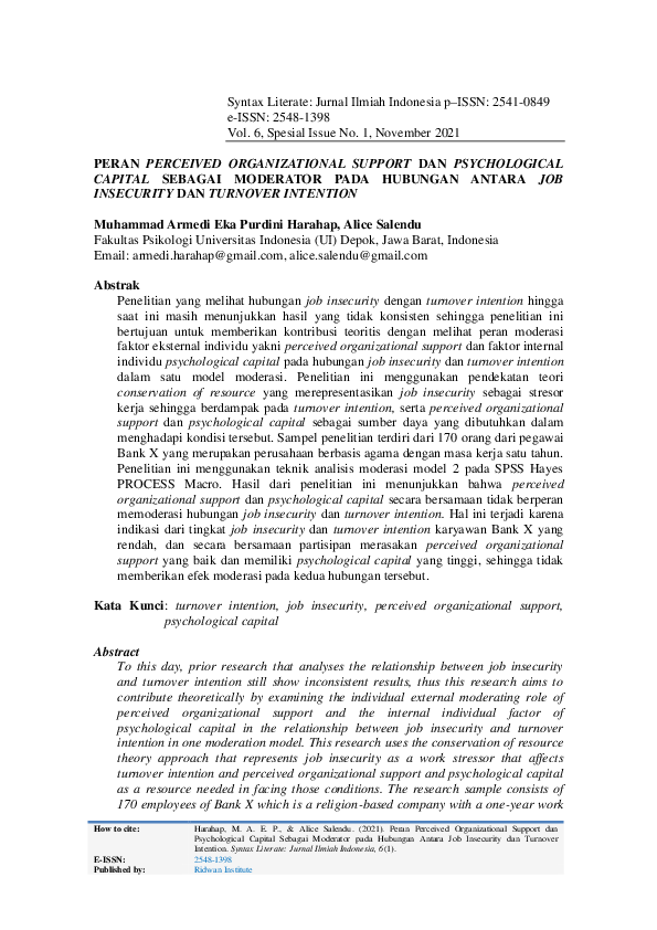 (PDF) Peran Perceived Organizational Support dan Psychological Capital ...