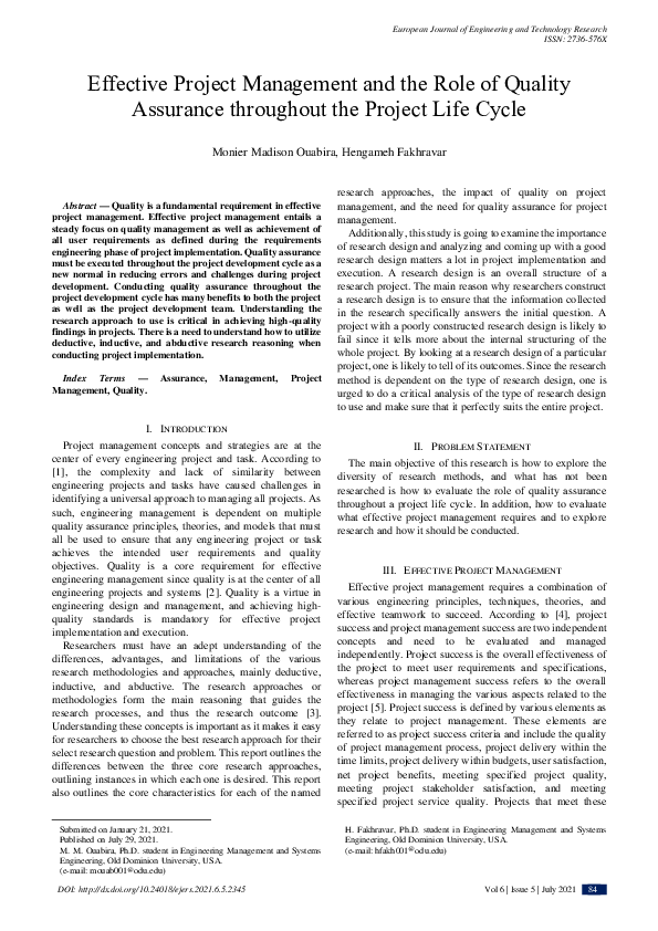 (PDF) Effective Project Management and the Role of Quality Assurance ...