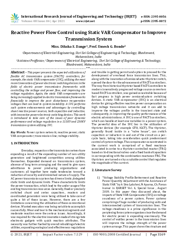 Pdf Reactive Power Flow Control Using Static Var Compensator To
