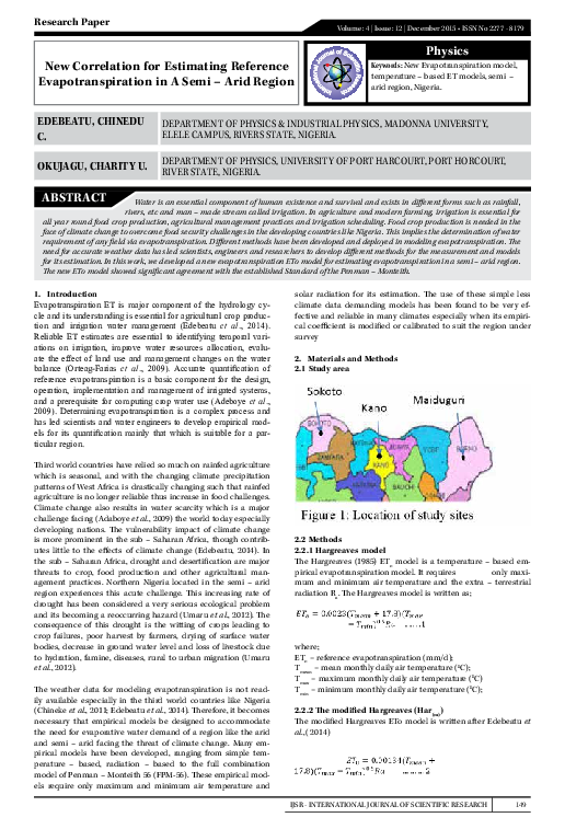 Pdf New Correlation For Estimating Reference Evapotranspiration In A