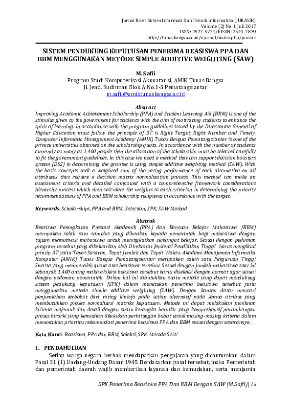 (PDF) Sistem Pendukung Keputusan Penerima Beasiswa Mahasiswa-KU di DPU-DT Priangan Timur ...