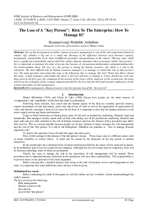 (PDF) The Loss of A "Key Person": Risk To The Enterprise; How To Manage It?