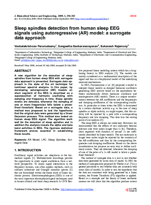 (PDF) Sleep spindles detection from human sleep EEG signals using autoregressive (AR) model: a ...