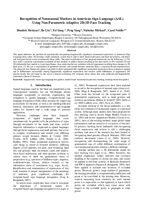 (PDF) Recognition of Nonmanual Markers in American Sign Language (ASL ...