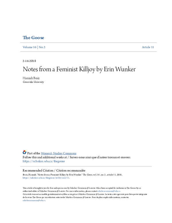 (PDF) Notes from a Feminist Killjoy by Erin Wunker