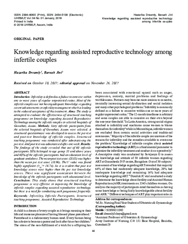 (PDF) Knowledge Regarding Assisted Reproductive Technology among Infertile Couples