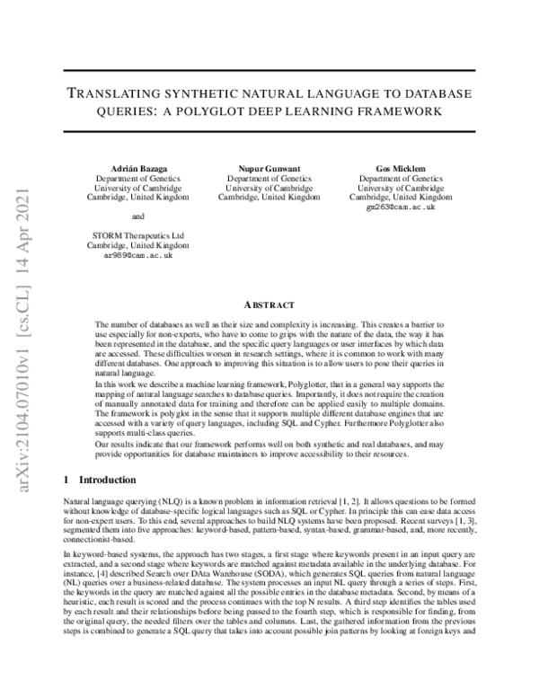 (PDF) Translating synthetic natural language to database queries with a polyglot deep learning ...