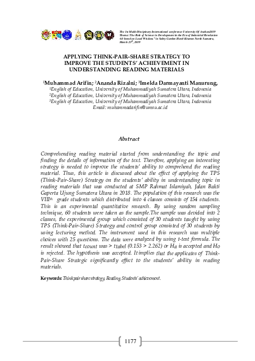 (PDF) Applying Think-Pair-Share Strategy to Improve the Students’ Achievement in Understanding ...