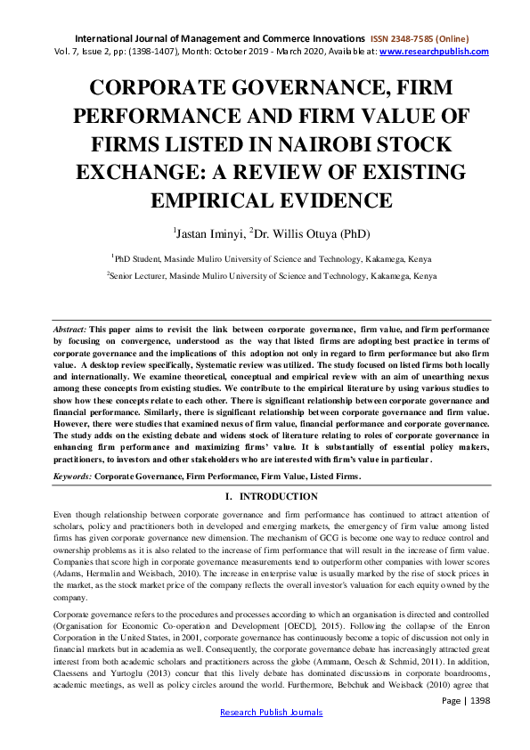 (PDF) Corporate Governance, Firm Performance and Firm Value of Firms Listed in Nairobi Stock ...