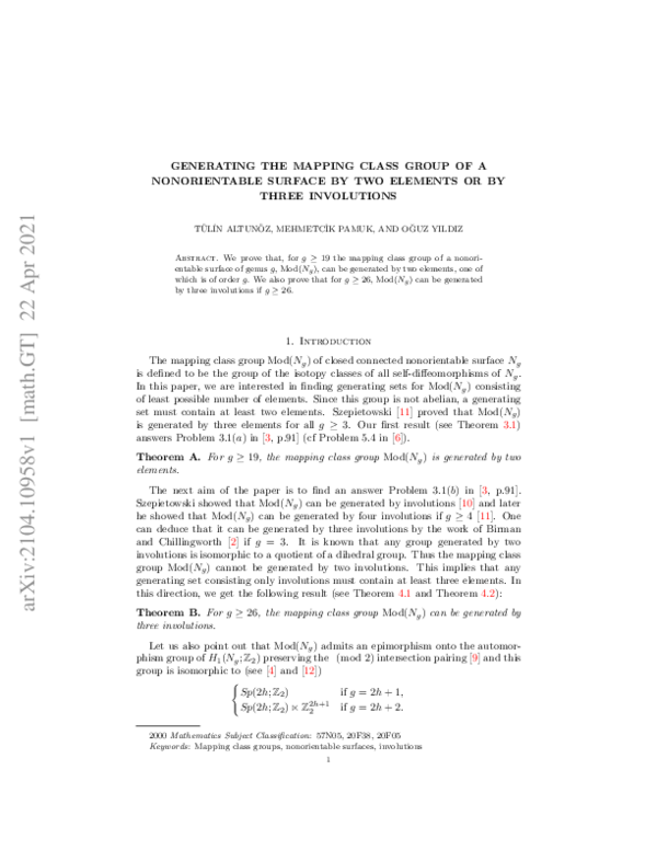 Pdf Generating The Mapping Class Group Of A Nonorientable Surface By
