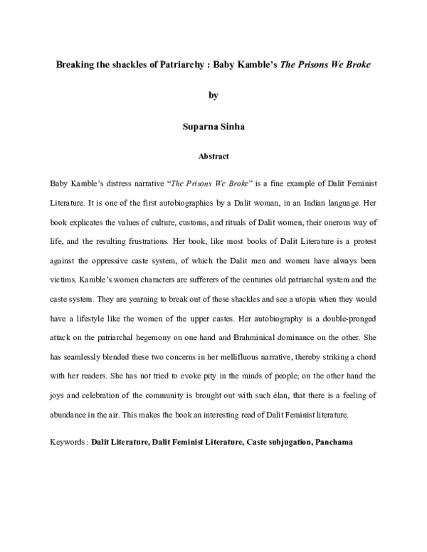 (DOC) Breaking the shackles of Patriarchy : Baby Kamble’s The Prisons ...