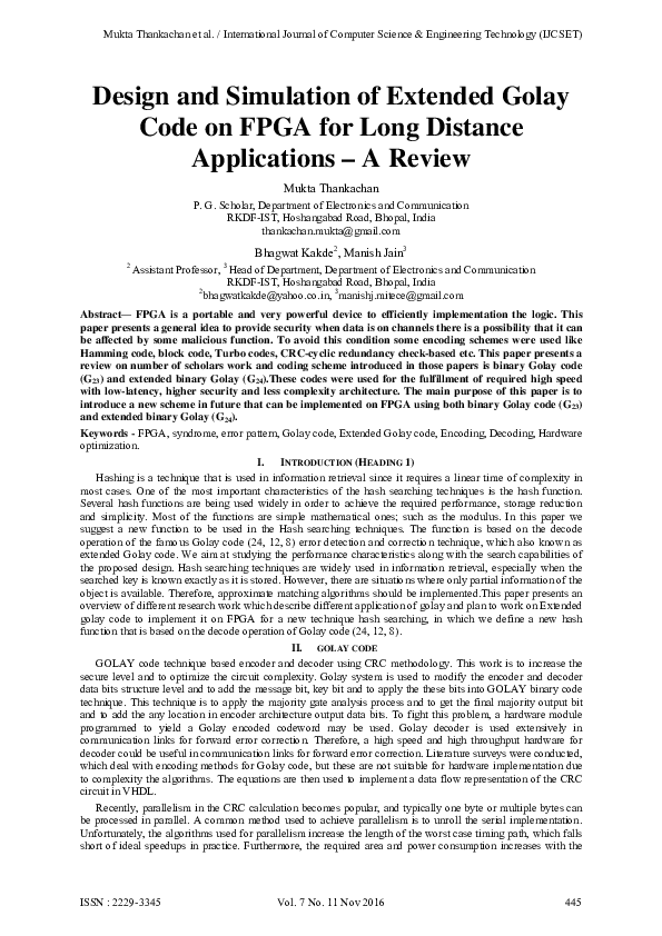 Pdf Design And Simulation Of Extended Golay Code On Fpga For Long