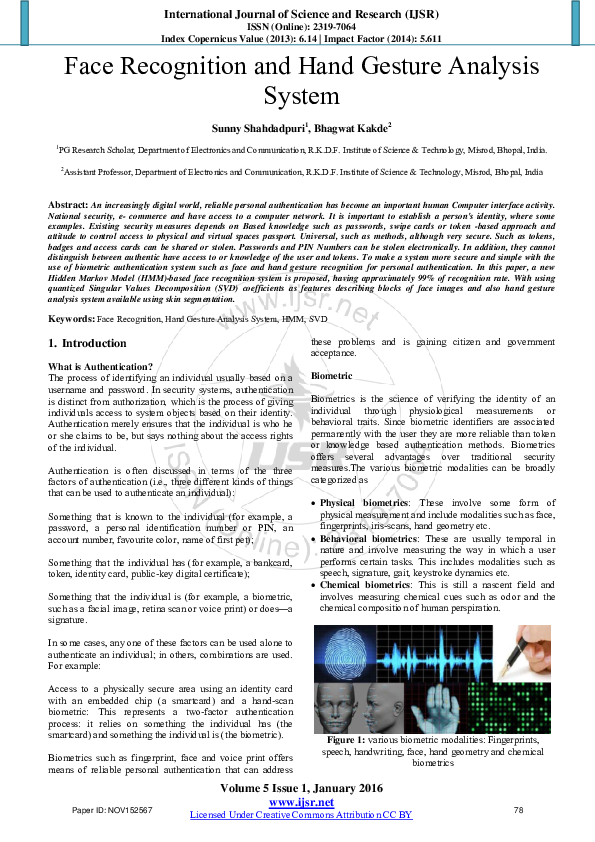 (PDF) Face Recognition and Hand Gesture Analysis System