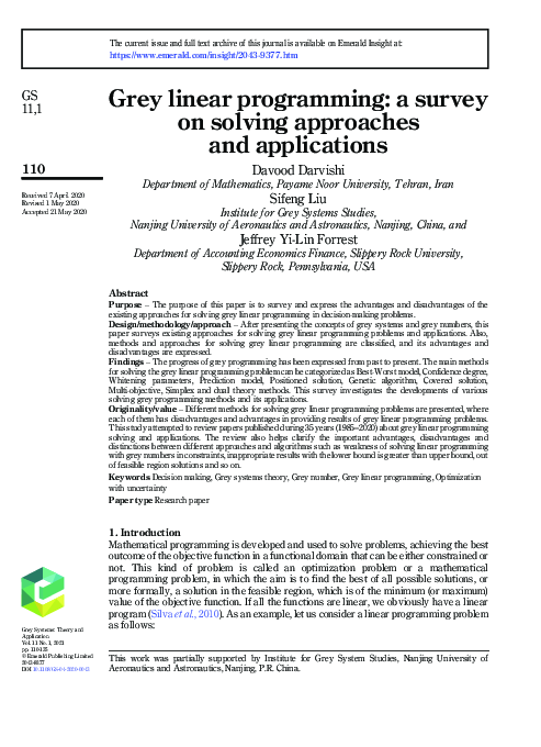 (PDF) Grey linear programming: a survey on solving approaches and applications