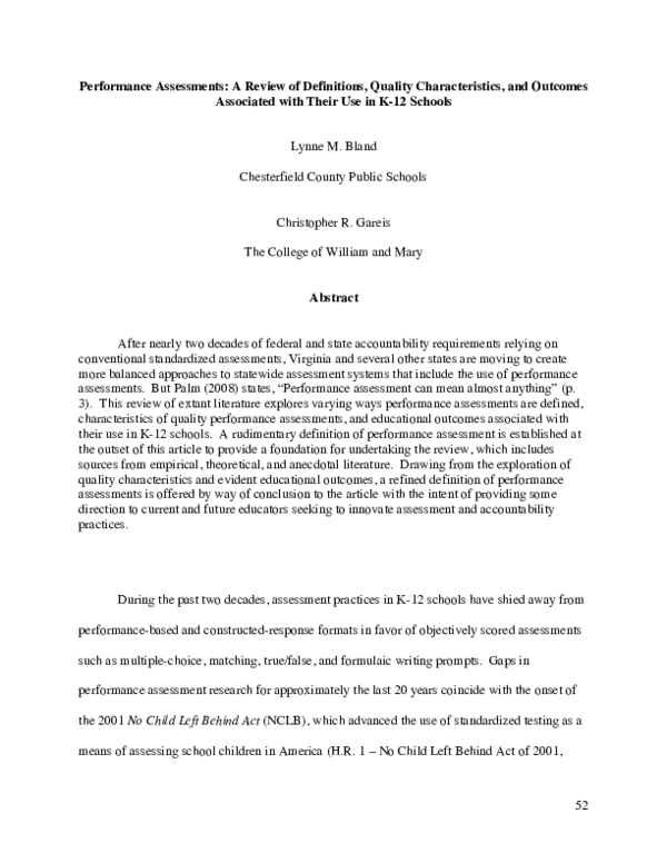 (PDF) Performance Assessments: A Review of Definitions, Quality ...