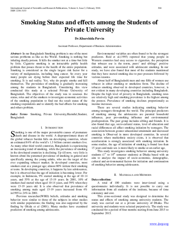 (PDF) Smoking Status and effects among the Students of Private University