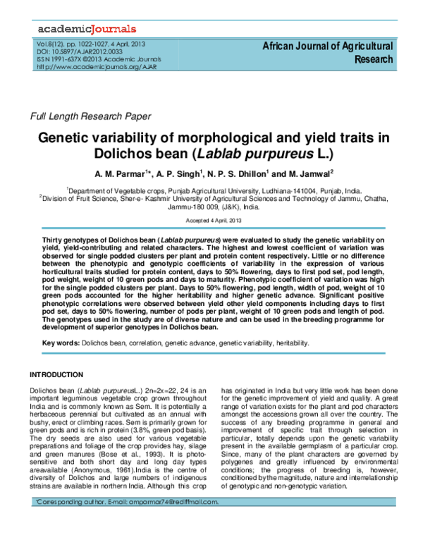 (PDF) Genetic variability of morphological and yield traits in Dolichos bean (Lablab purpureus L.)