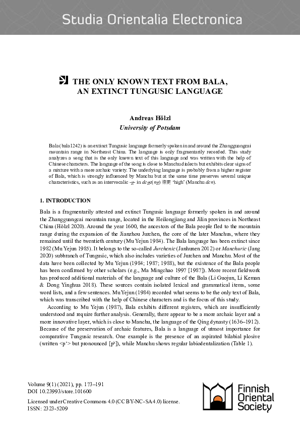 (PDF) The only known text from Bala, an extinct Tungusic language