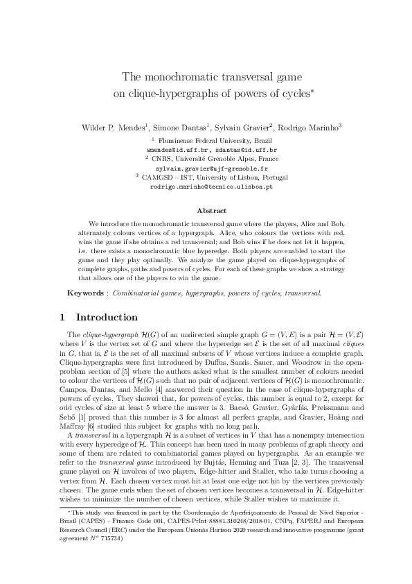 (PDF) The monochromatic transversal game on clique-hypergraphs of powers of cycles∗ | wilder ...
