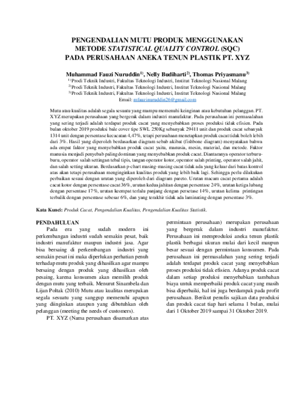 (PDF) Pengendalian Mutu Produk Menggunakan Metode Statistical Quality ...