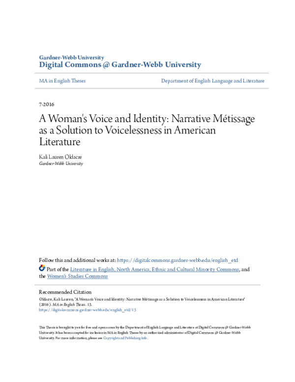 (PDF) A Woman's Voice and Identity: Narrative Metissage as a Solution ...