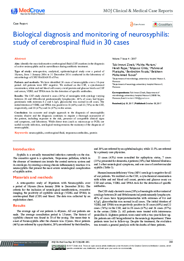 (PDF) Biological Diagnosis and Monitoring of Neurosyphilis: Study of ...